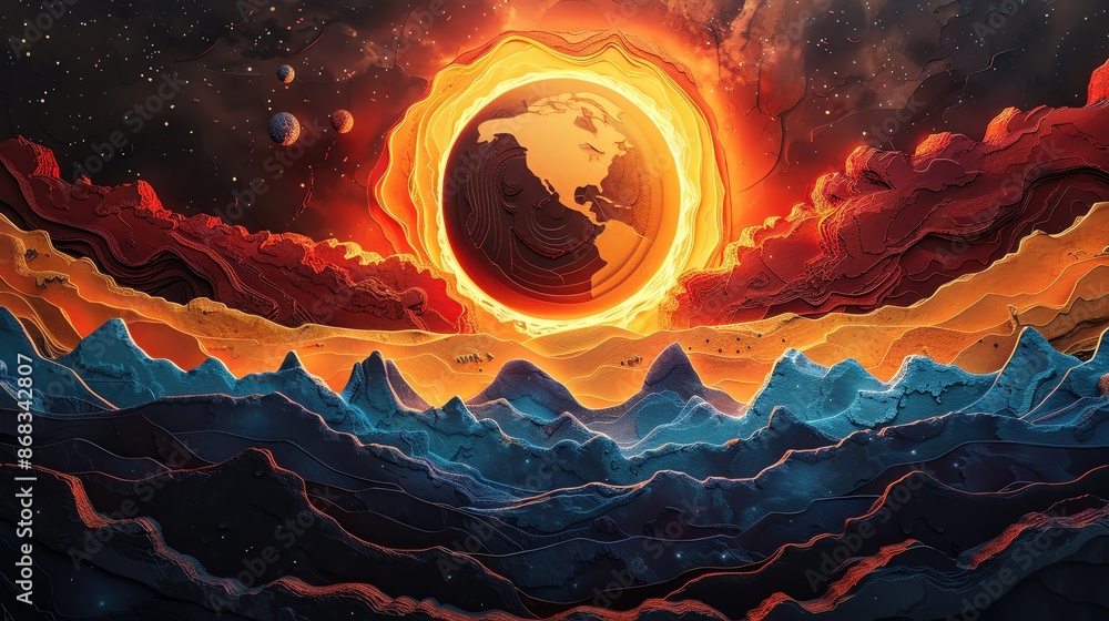 Paper craft art of a paper model of the solar eclipse, sun, moon, and ...