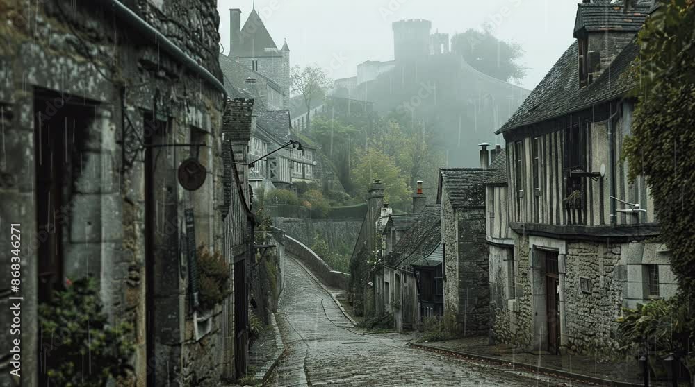 Medieval village houses in the rain. Atmospheric and historic scene ...