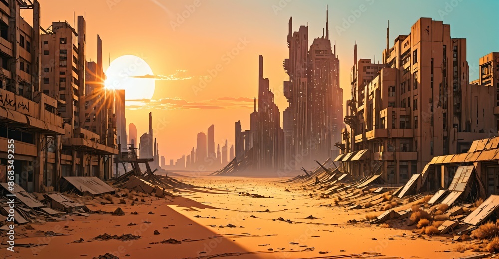 desert sci-fi futuristic wasteland sunset. cyberpunk city ruins ...