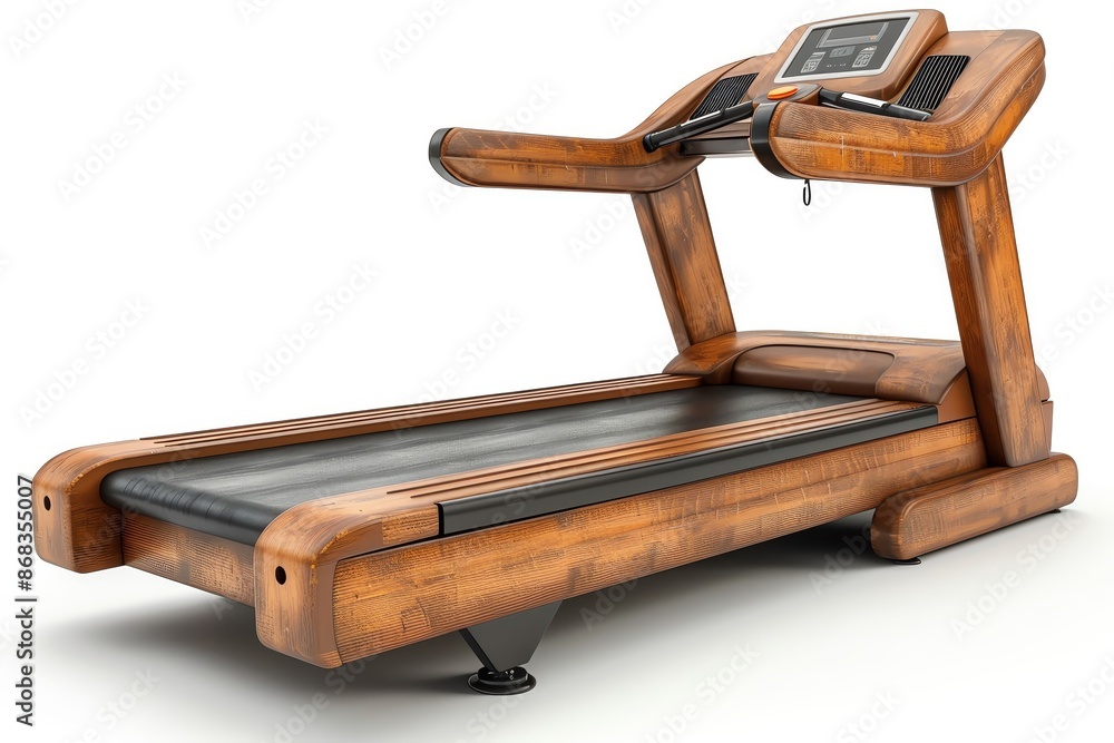 A modern wooden treadmill with a sleek design, featuring advanced ...