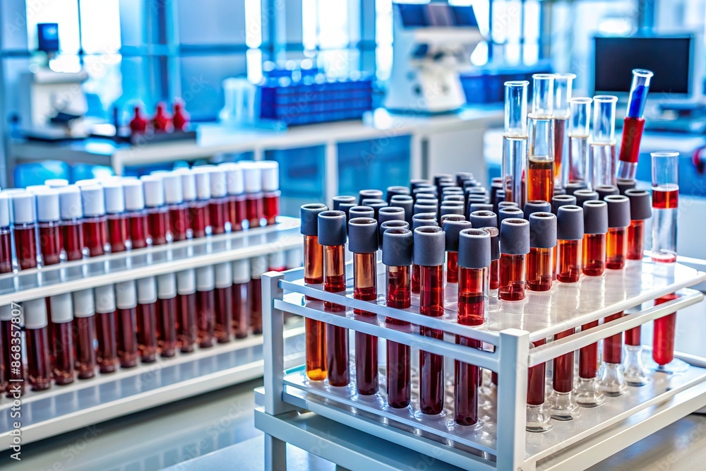 Racks of labeled blood sample tubes sit on a laboratory counter ...