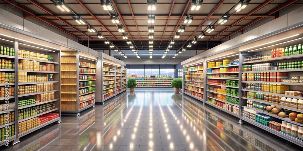 Modern supermarket interior with vacant shopping aisles, tall shelves ...