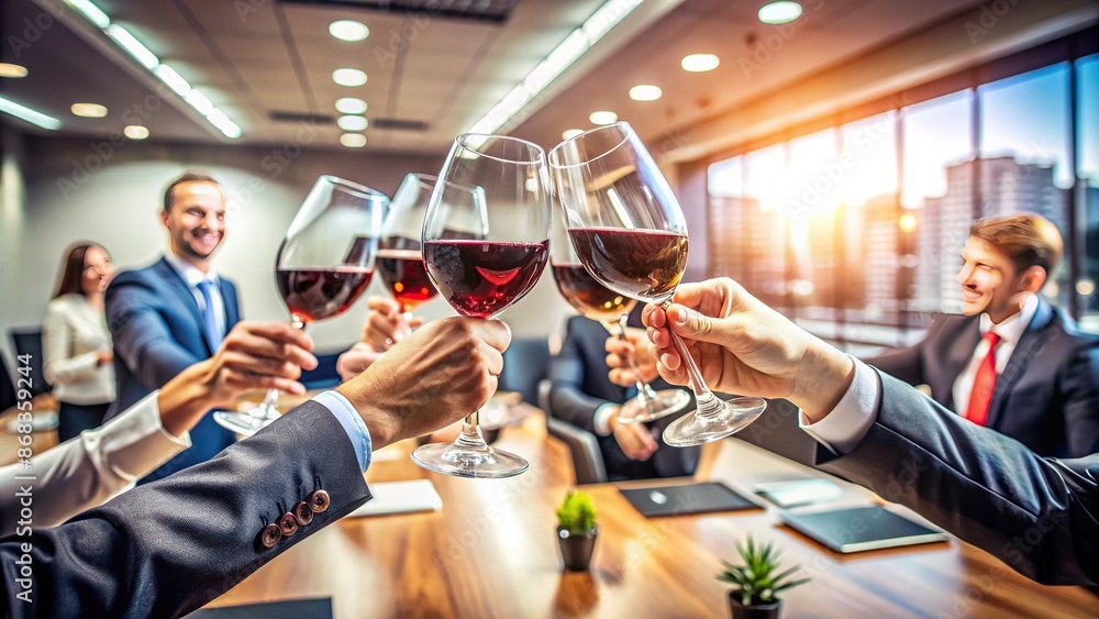 Elegant wine glasses clink together in mid-air, surrounded by blurred ...