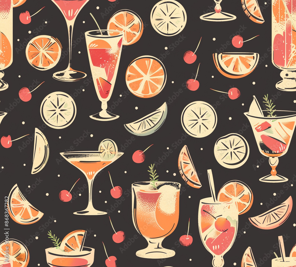 cute seamless pattern cocktail, vintage, retro, distressed. Elements ...