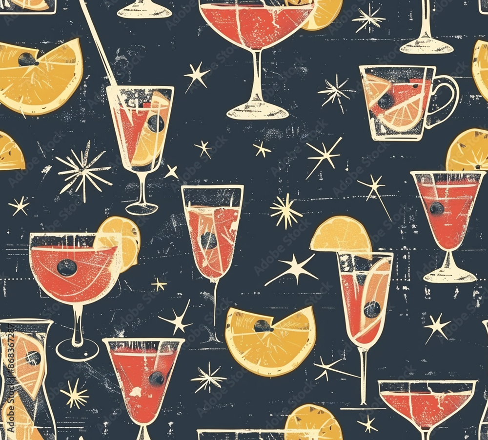 cute seamless pattern cocktail, vintage, retro, distressed. Elements ...