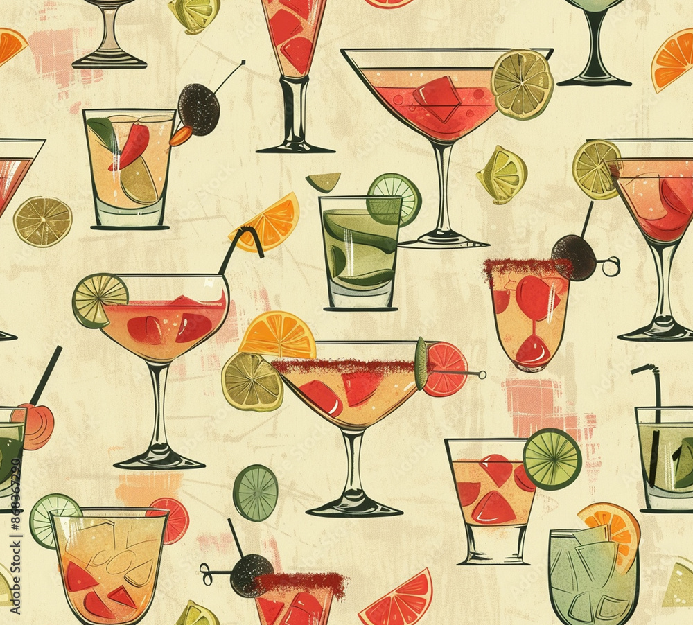 cute seamless pattern cocktail, vintage, retro, distressed. Elements ...