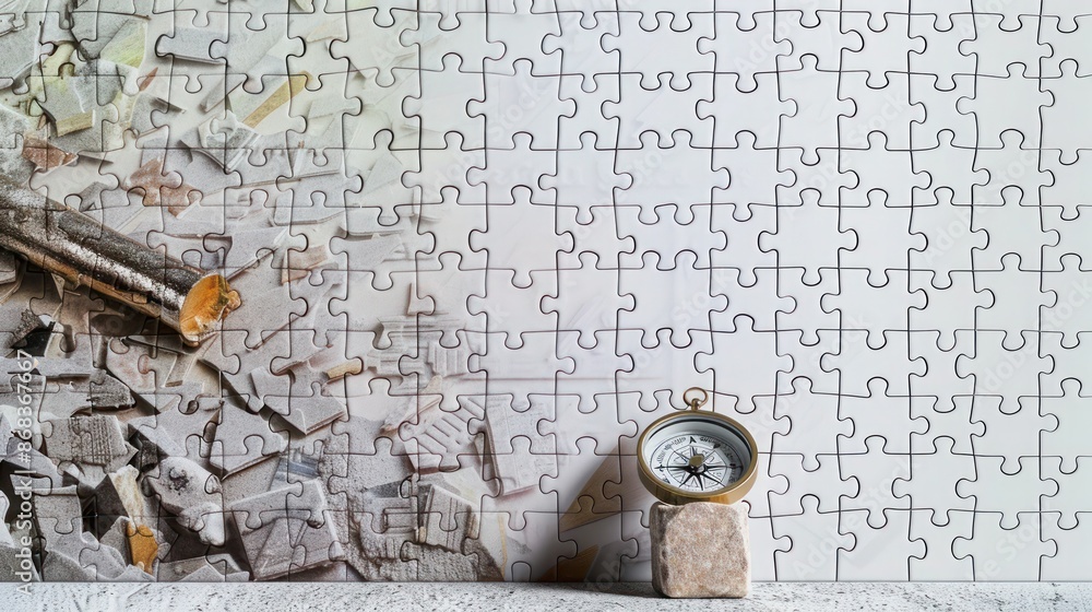 A white jigsaw puzzle with a rugged field compass on a white and gray ...