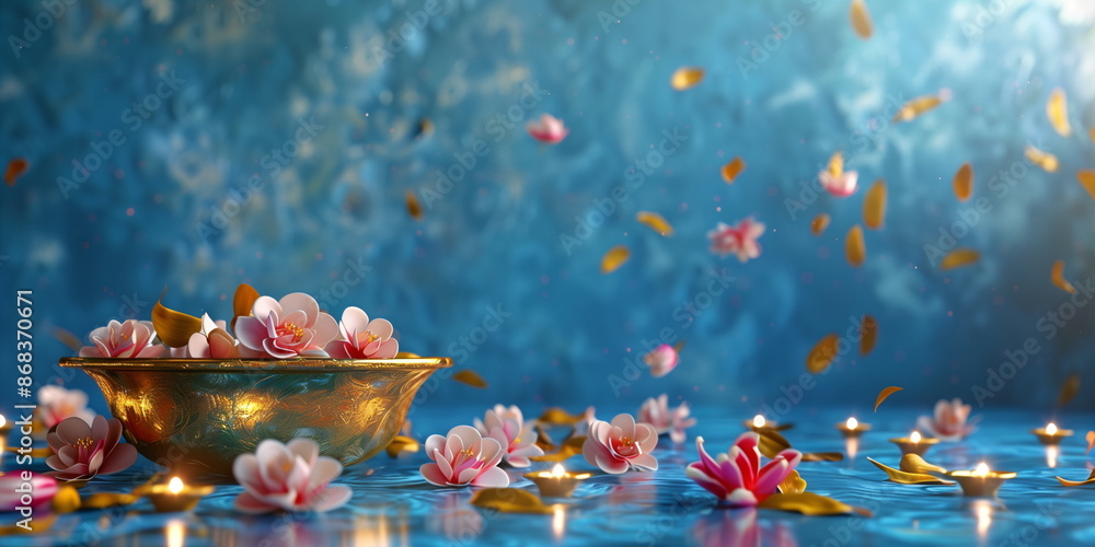 Flowers in traditional Indian pot kalash on blue background with copy ...