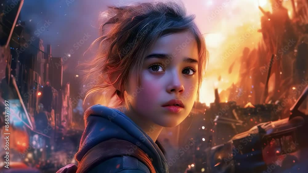 A frightened little girl against the backdrop of a fire. Eyes wide open ...