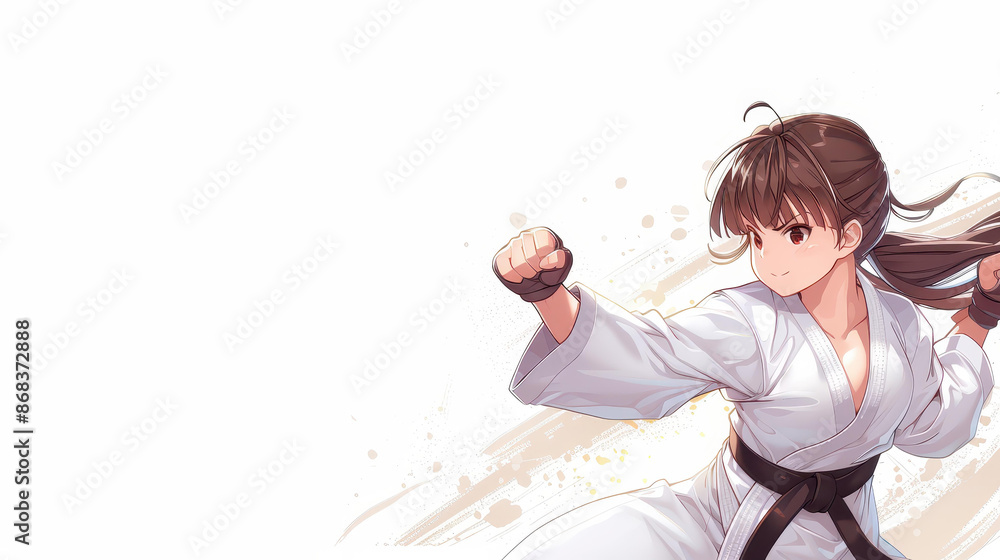 Animestyle illustration of a karate girl in a white kimono with a black ...