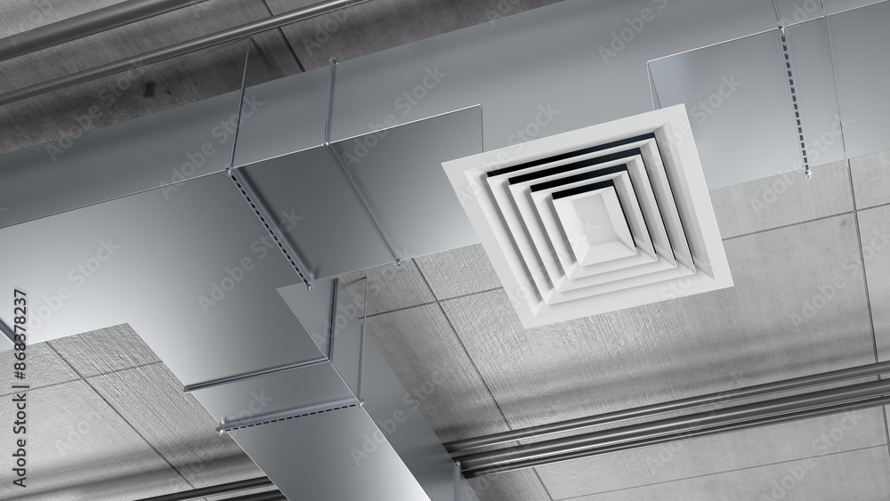 Industrial ventilation system. Pipes for room conditioning. Ventilation ...