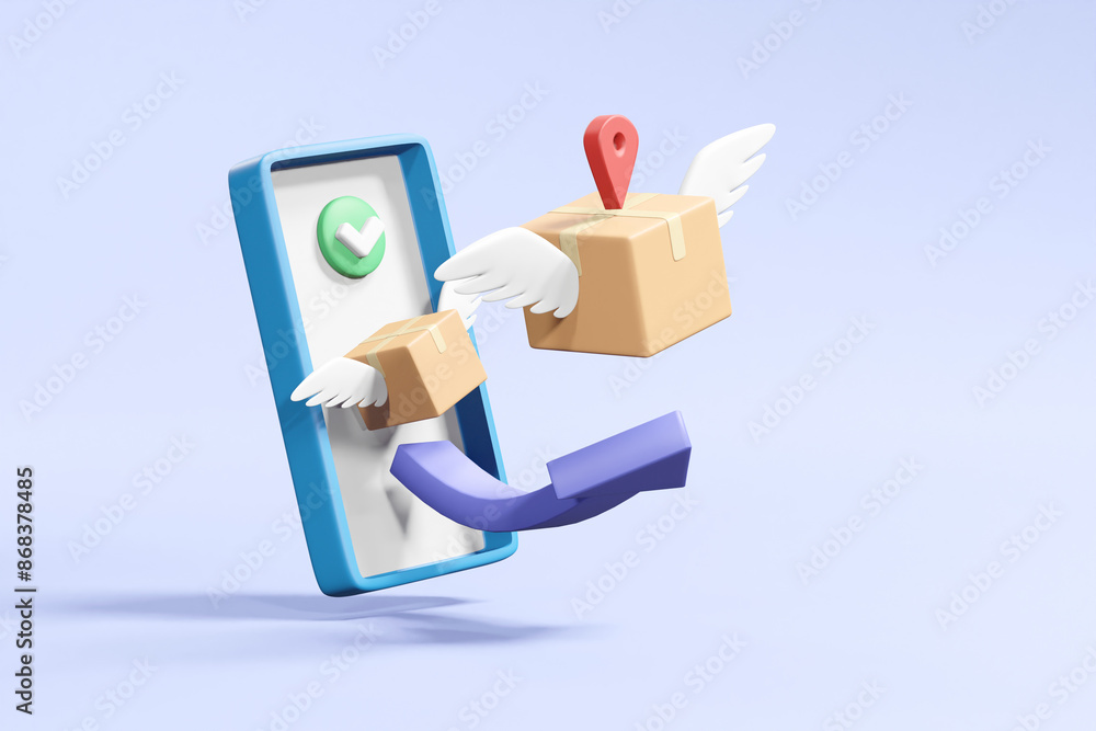 3D Render Illustration: Smartphone, Flying Parcel Box with Wings ...