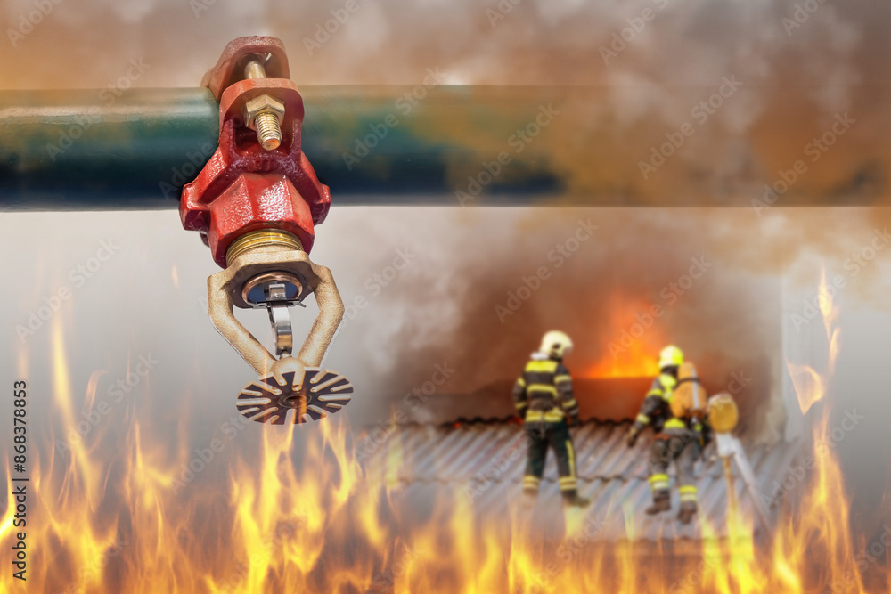 Fire extinguishing. Fire safety system. Pipe with sprayer to block ...