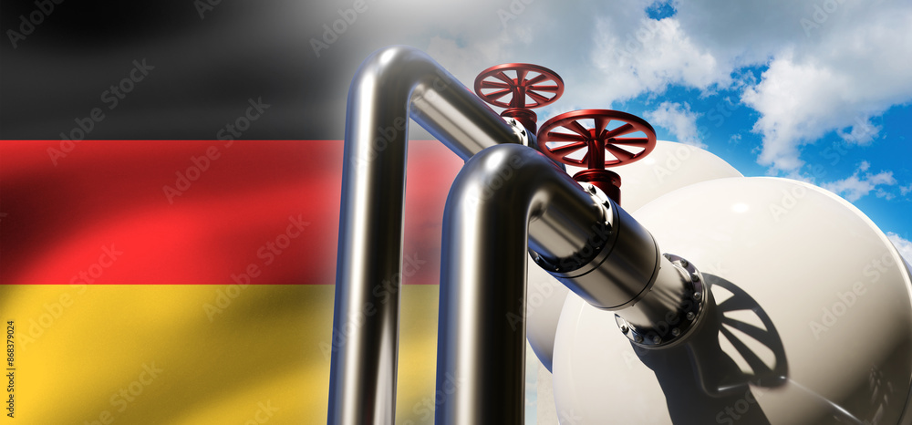Gas equipment. Flag of Germany. Pipes and tanks for liquefied gas ...