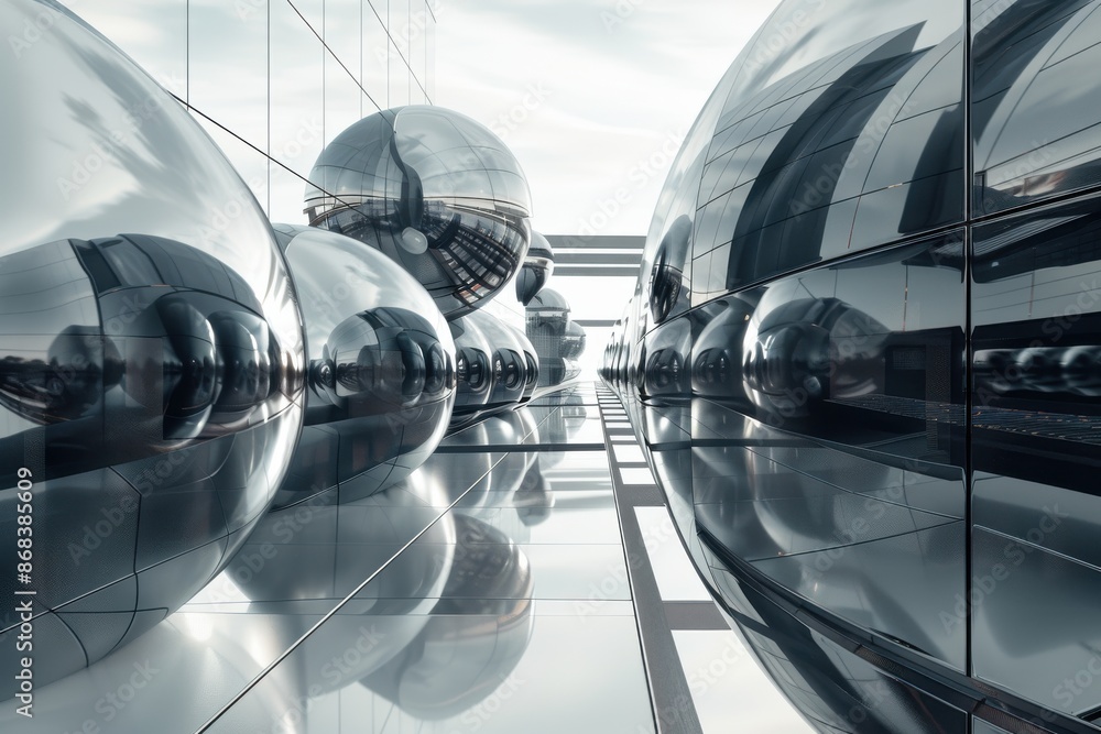 Futuristic architectural design featuring reflective spheres in a ...