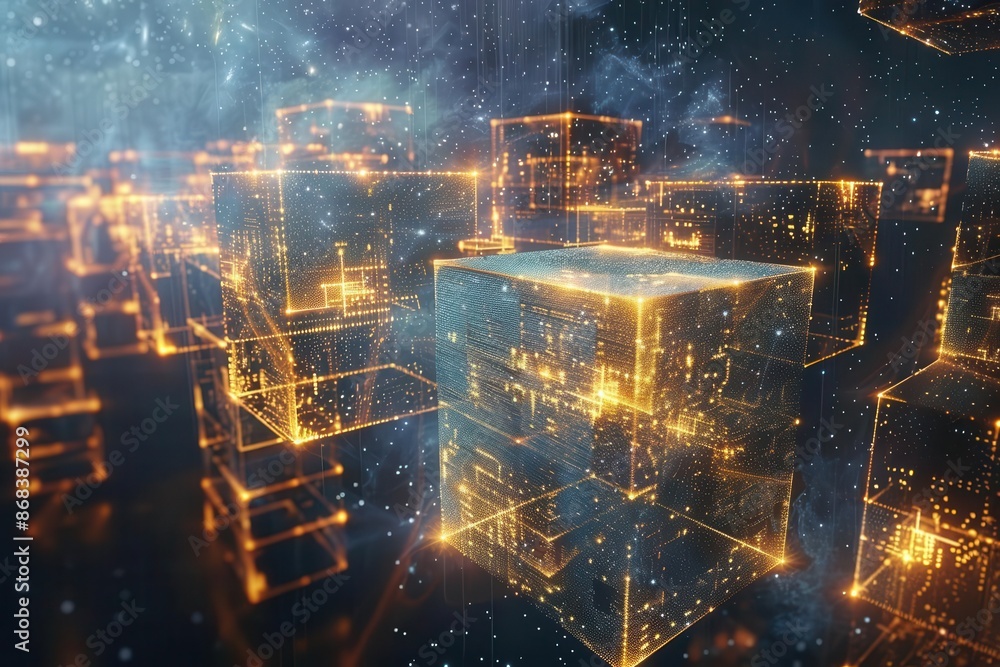 holographic bitcoin mining farm transparent cubes with pulsating ...