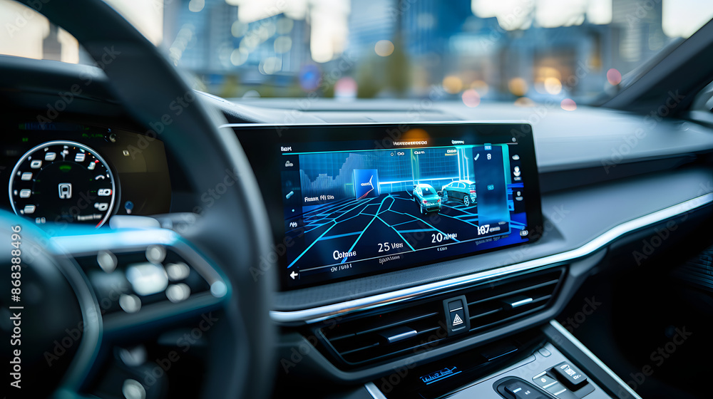 Close-up of a car interior featuring an advanced digital navigation ...