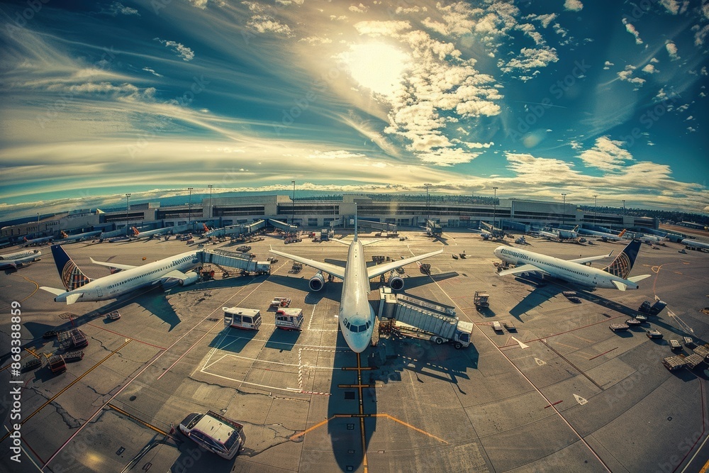 A fleet of airplanes parked at the gates of an airport, with jet ...