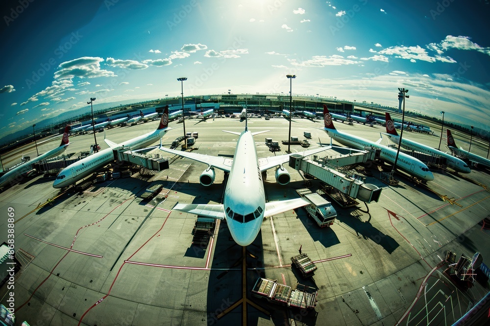 A fleet of airplanes parked at the gates of an airport, with jet ...