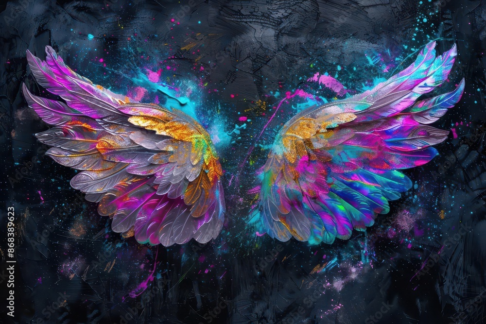 iridescent angel wings black velvet background neon paint splatters ...