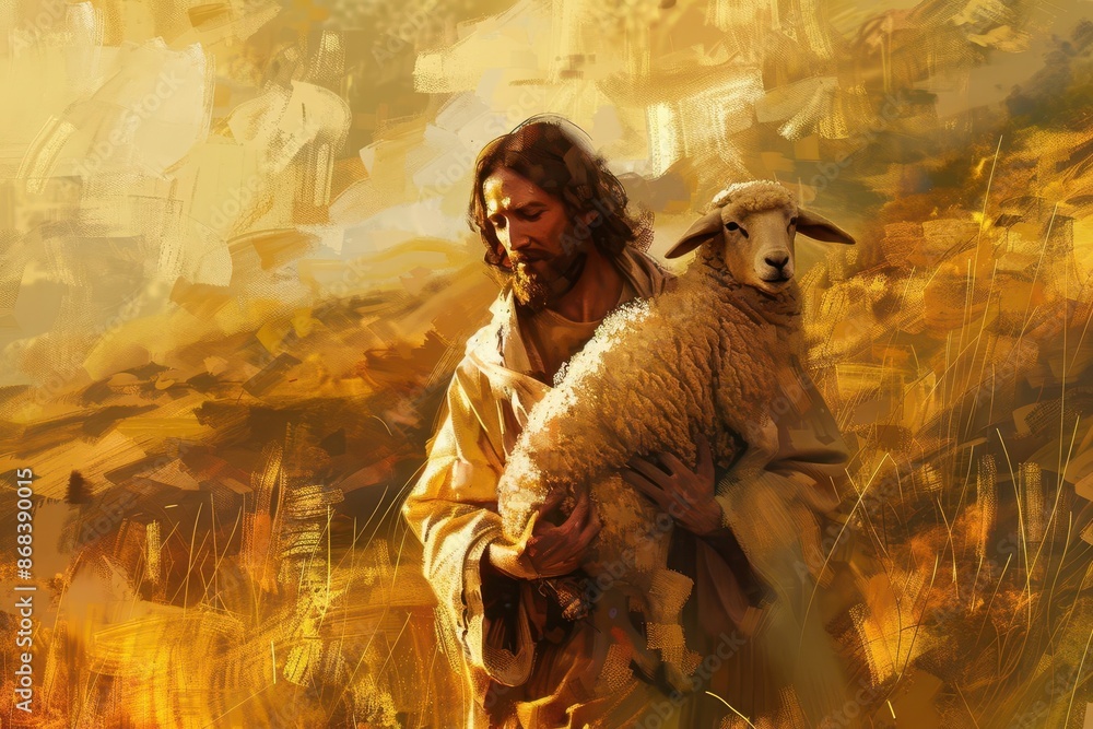 jesus christ as the good shepherd carrying a lost lamb warm and gentle ...