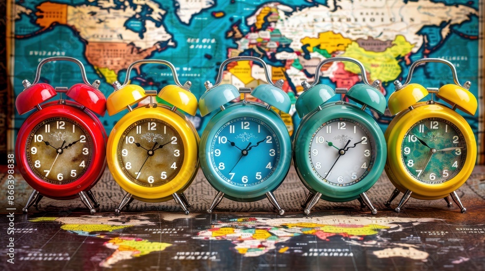 Colorful alarm clocks in a row with a world map in the background ...