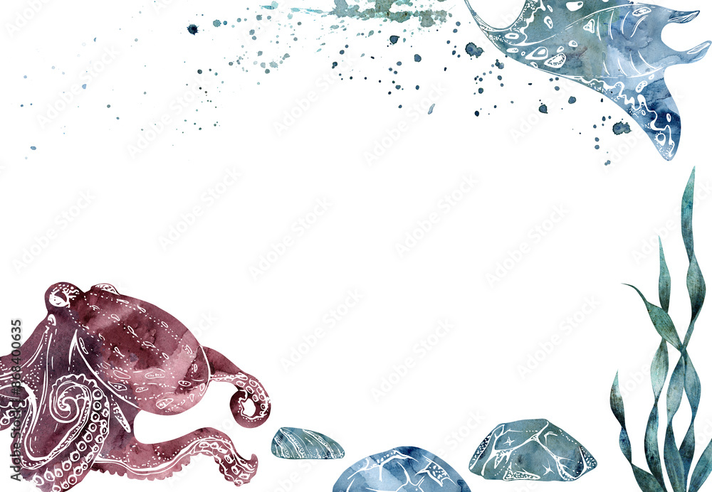 Watercolor and ink hand drawn marine life, sea ocean underwater ...