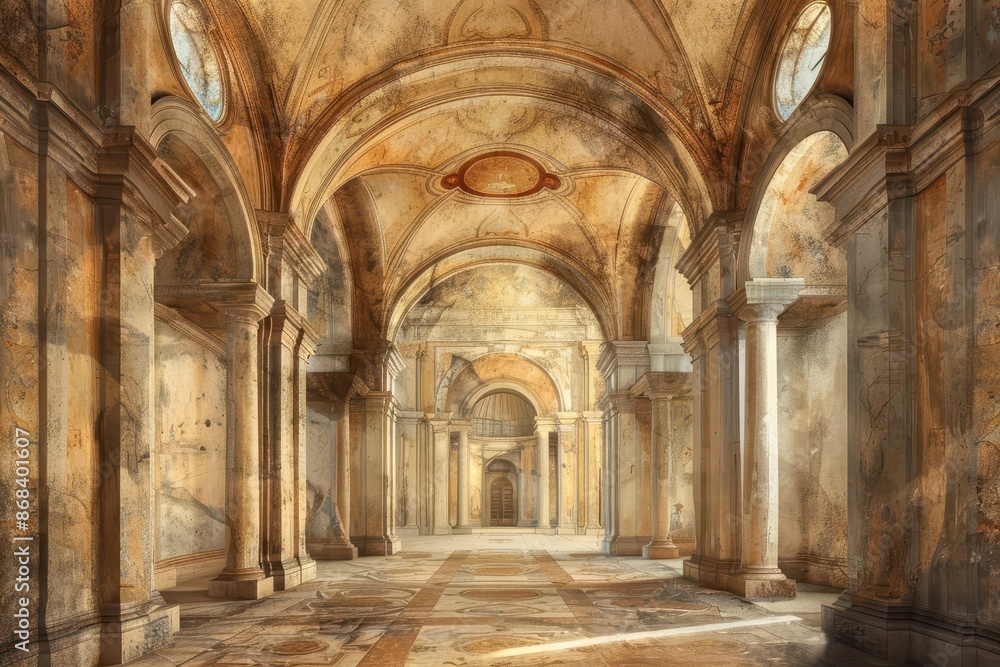 majestic ancient italian architecture arched gallery with domed ceiling ...