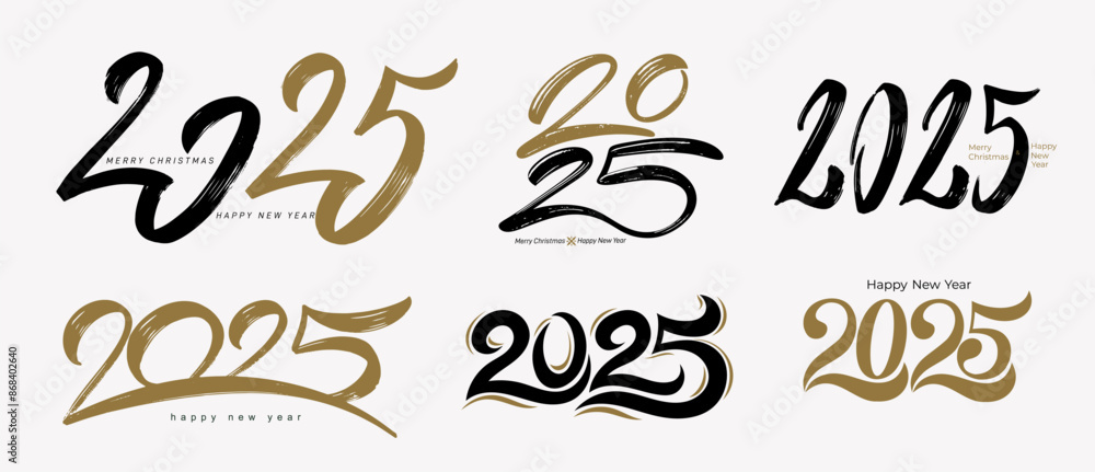 Set of New year 2025 golden typography brush stroke logo design ...