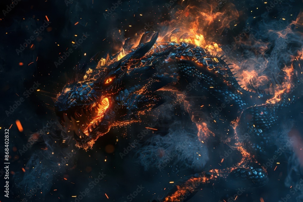 majestic fire dragon emerging from darkness scales glowing with inner ...