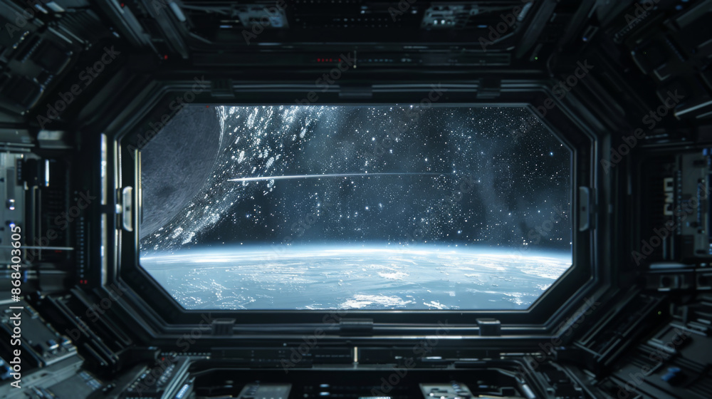 View from the window of a spaceship to space, the Moon, and the ...