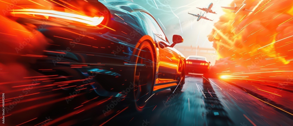 Digital illustration of cars, planes, and trains exploding into a ...