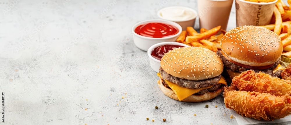 Dynamic burst of fast food items creating an energetic and appetizing ...