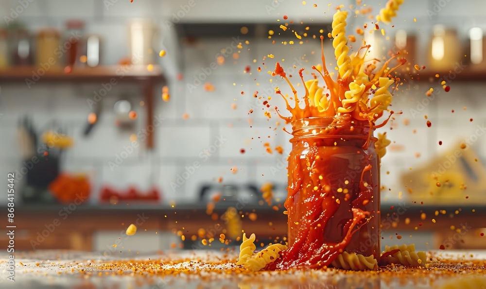 jar of tomato sauce with pasta thrown on the kitchen counter creating ...