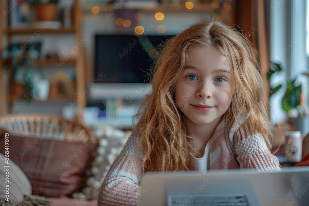 child laptop computer technology home girl education homework teenage ...