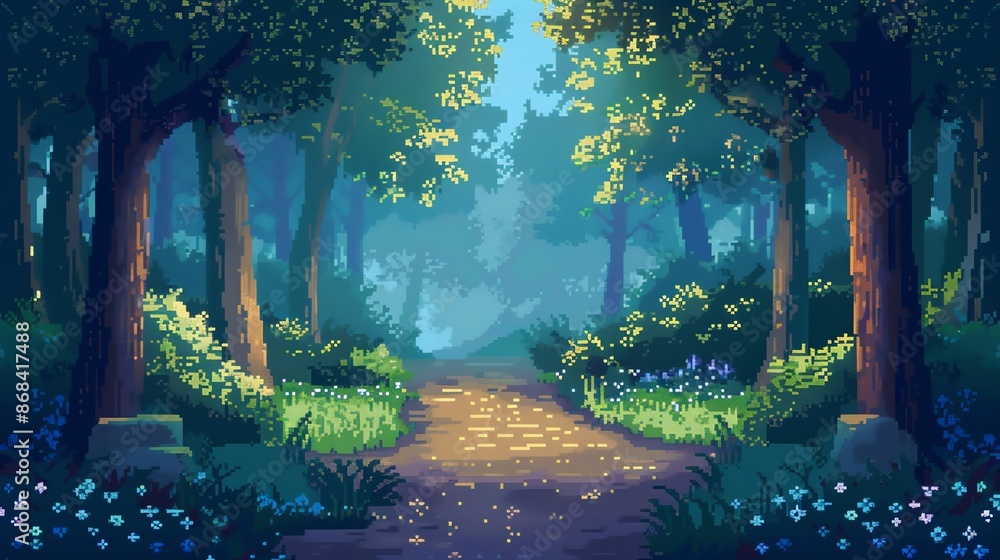 Dreamy forest path pixel art flat design front view magical pathway ...