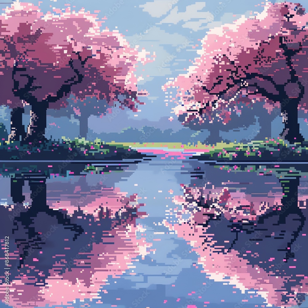 Pixel art cherry trees by a serene lake, reflected blossoms, 8bit style ...