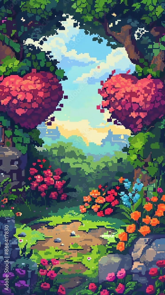 Pixel art garden of love with heartshaped flower beds, vibrant colors ...