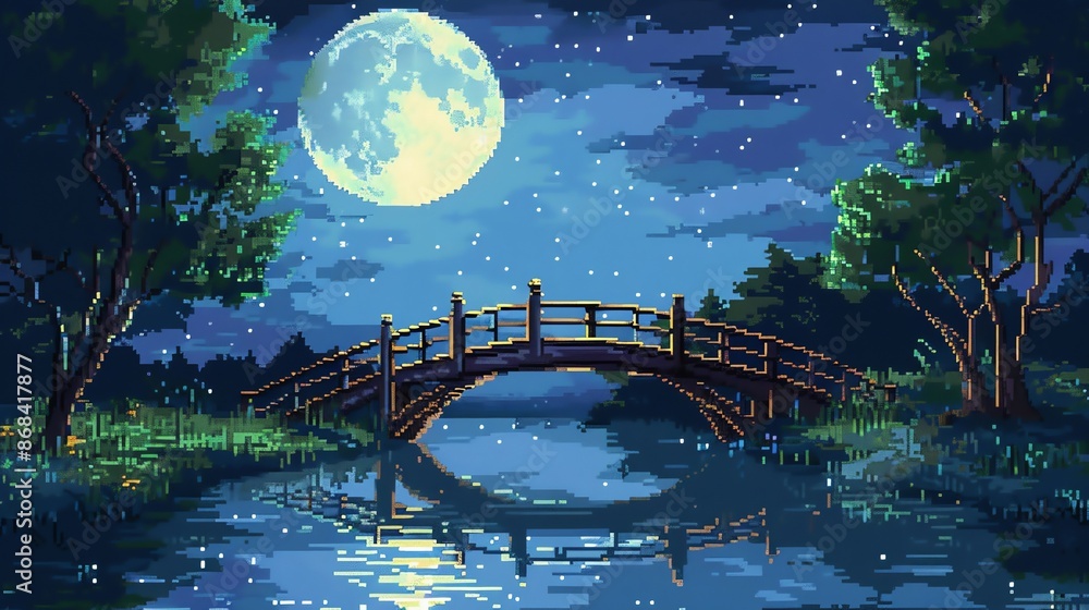 ภาพประกอบสต็อก Pixel art lovers bridge over serene river, moonlit night ...
