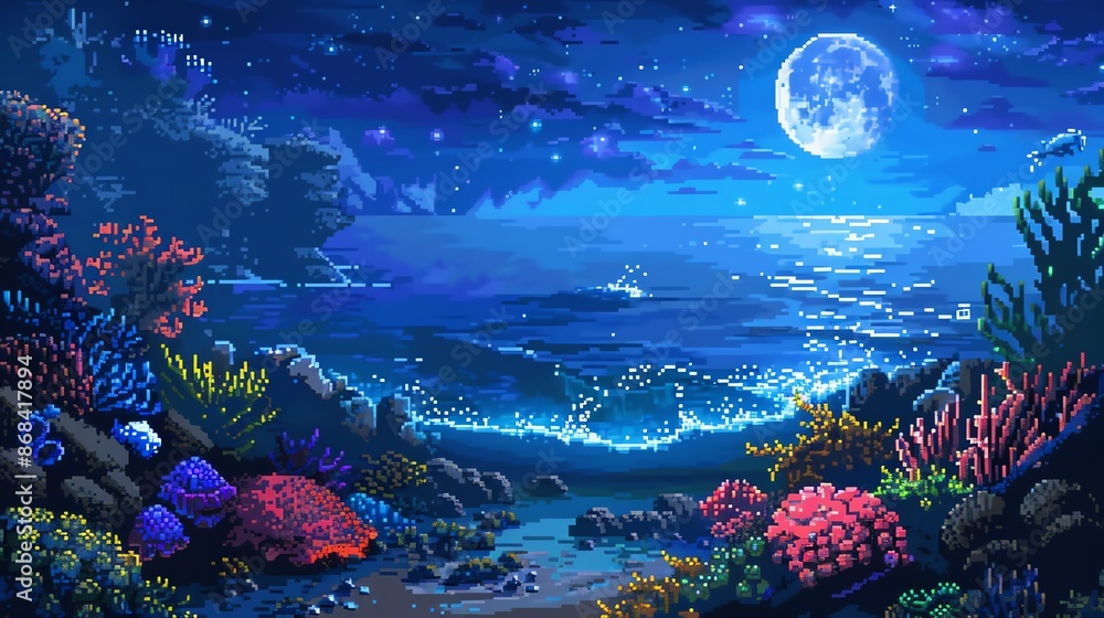 Pixel art ocean creatures under moonlit waves, glowing corals, 8bit ...