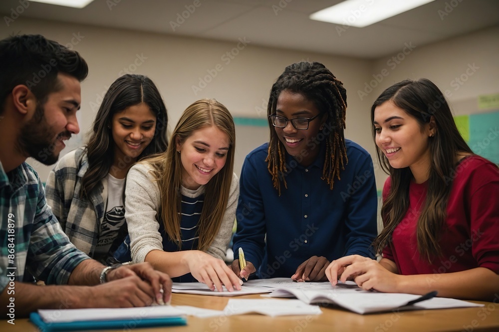 Group of diverse college students working together on a project in a classroom setting Stock ...