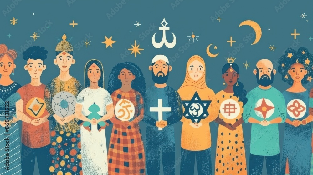 Diverse group of people holding various religious symbols, such as a ...