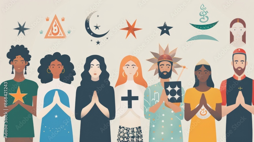 Diverse group of people holding various religious symbols, such as a ...
