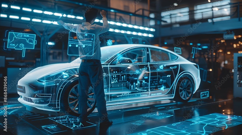 Automotive engineer working using AI system production on electric car ...