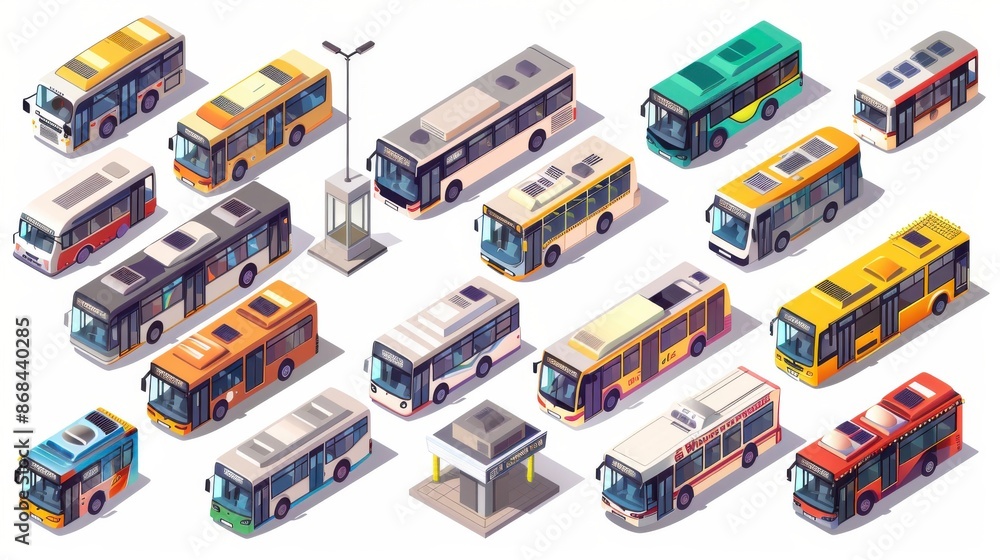 Isometric city public transport set with isolated icons of colorful ...