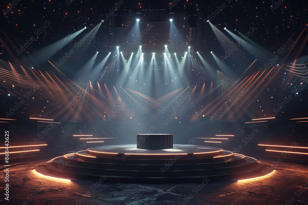An empty concert stage with dramatic lighting in a dark arena setting ...