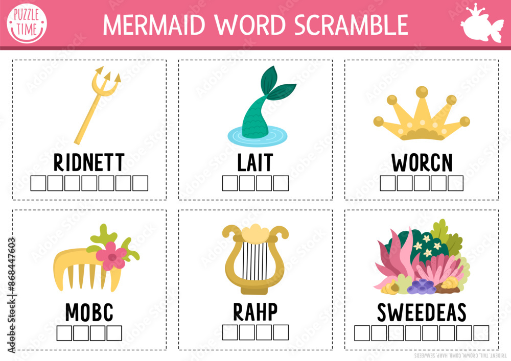 Vector mermaid activity page with word scramble cards. English language ...