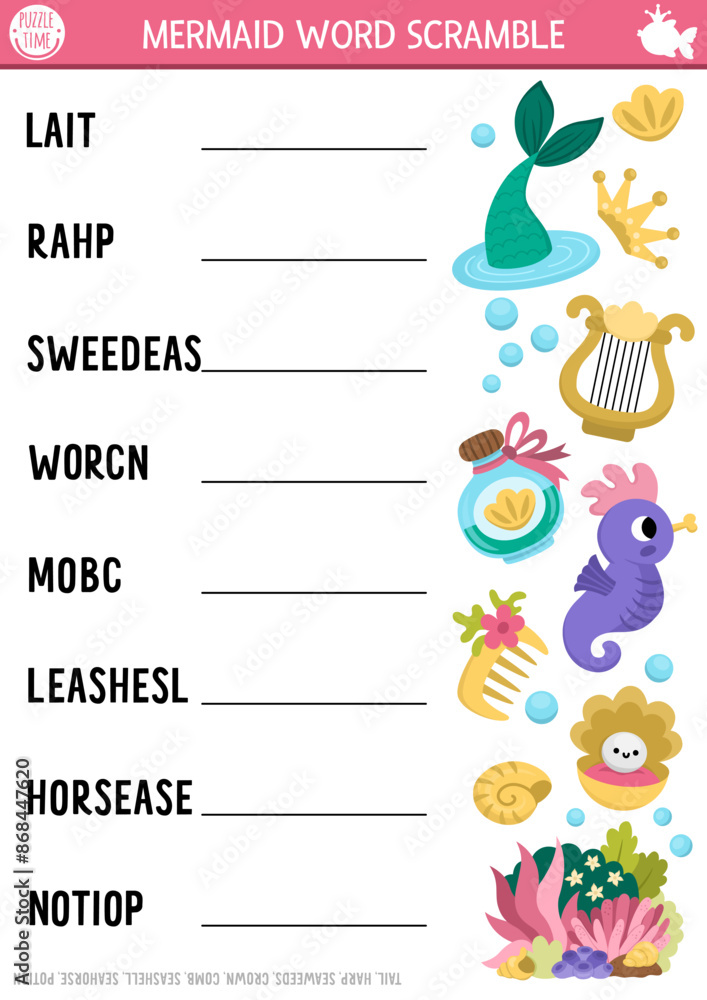 Vector mermaid word scramble activity page. English language game with ...