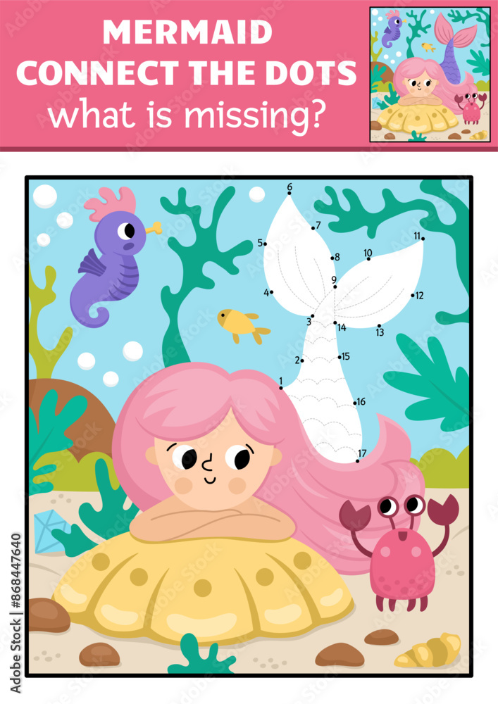 Vector mermaid dot-to-dot and color activity with sea princess, colored ...