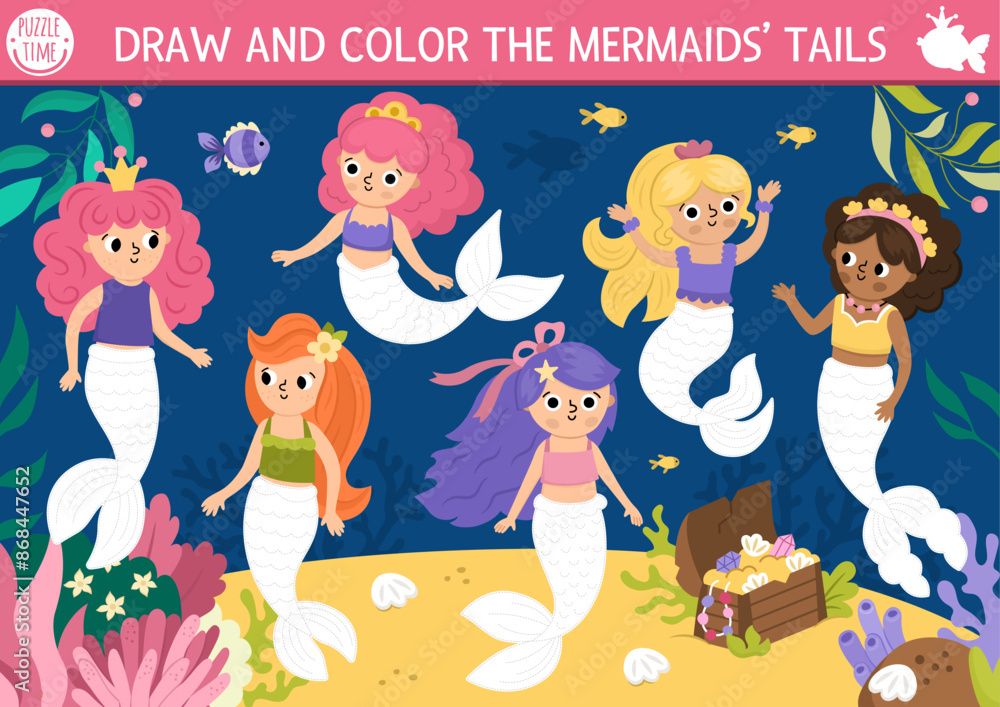 Mermaid drawing, writing, tracing and coloring activity for kids with ...